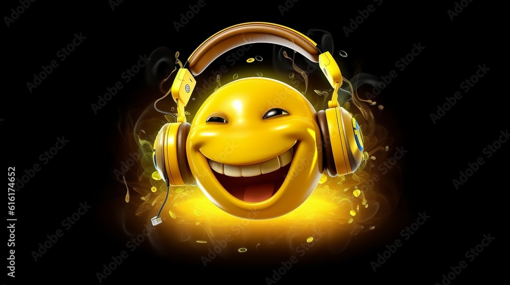 Smiley Listen Music emoji features a yellow face with eyes, wearing ...