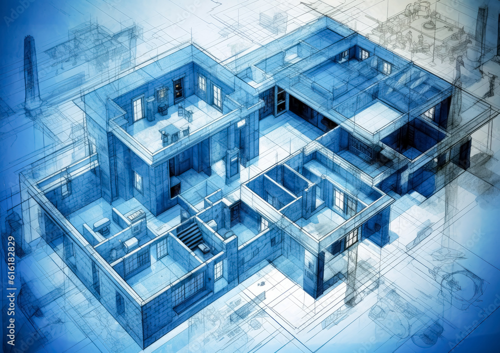 Blueprint of a architectural house plan, in the style of complex ...