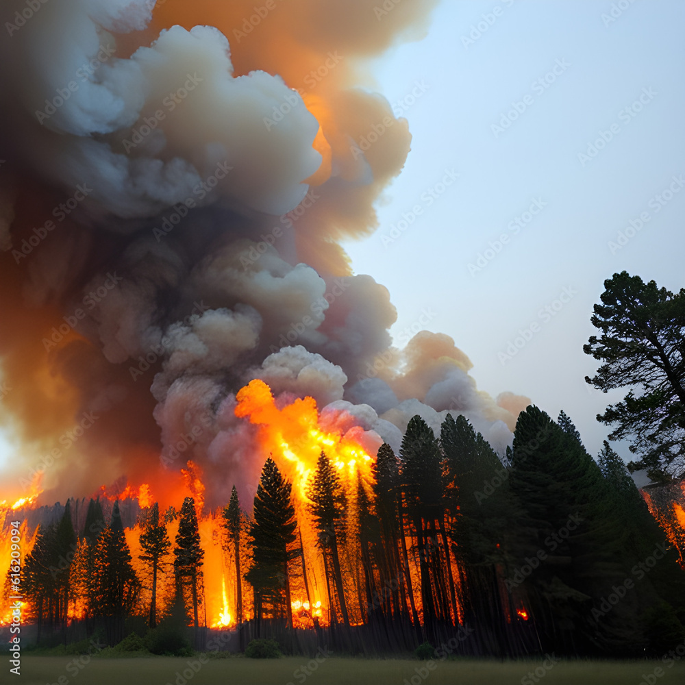 Massive forest fire, strong flames, forest fires with a lot of smoke ...