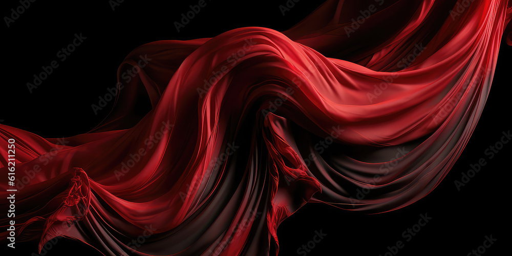 Red drape falling like wings isolated on black flat background. A ...