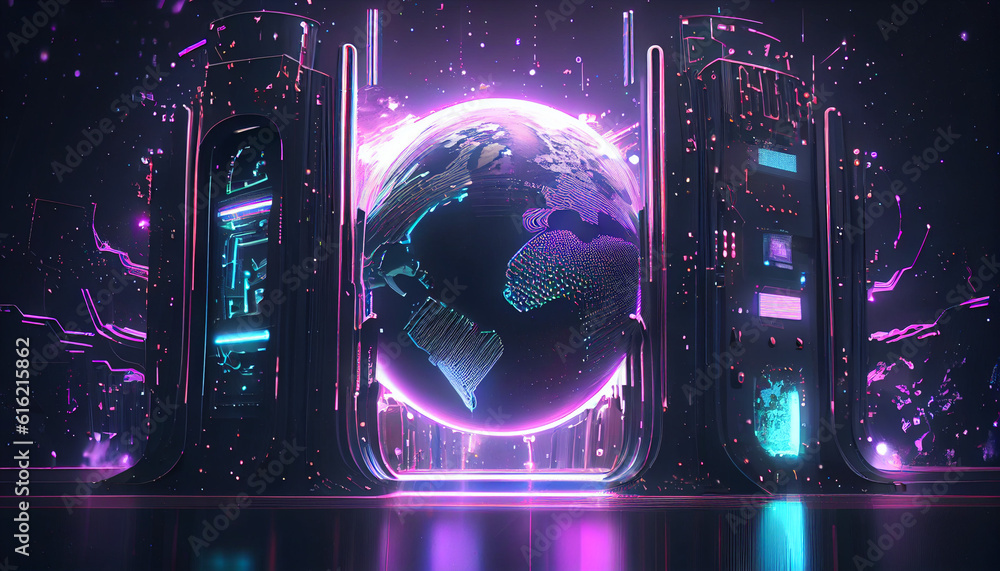 Metaverse digital world cyber space 3D rendering background, neon ...