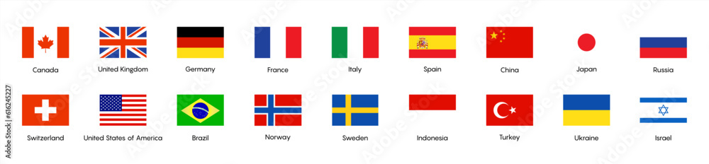 National flags icons vector, main flag languages set. UK, Germany, USA ...