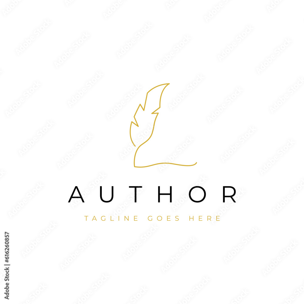 เวกเตอร์ Stock Line art golden quill signature logo design. Minimalist ...