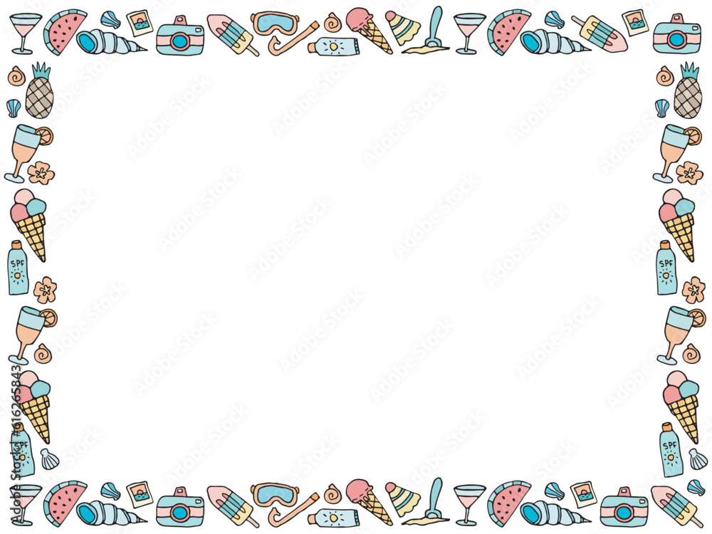 Doodle beach elements frame, simple rectangular summer vacation border ...