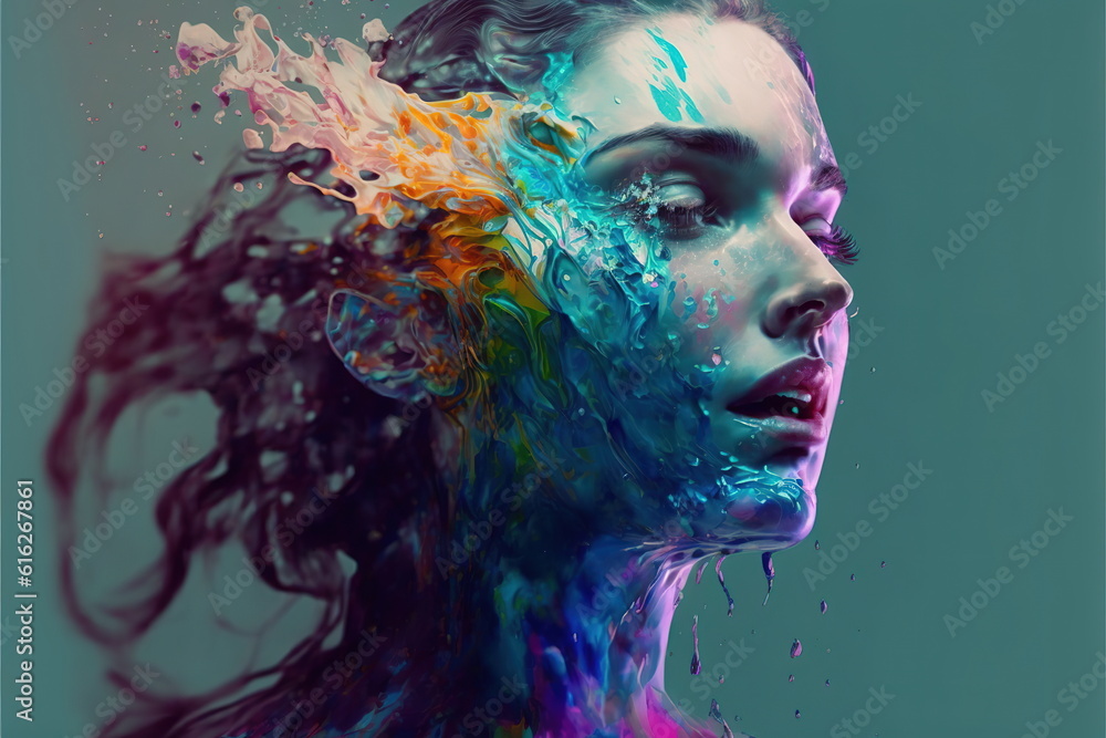 Wondrous illustration portrait woman with colorful iridescent exploding ...