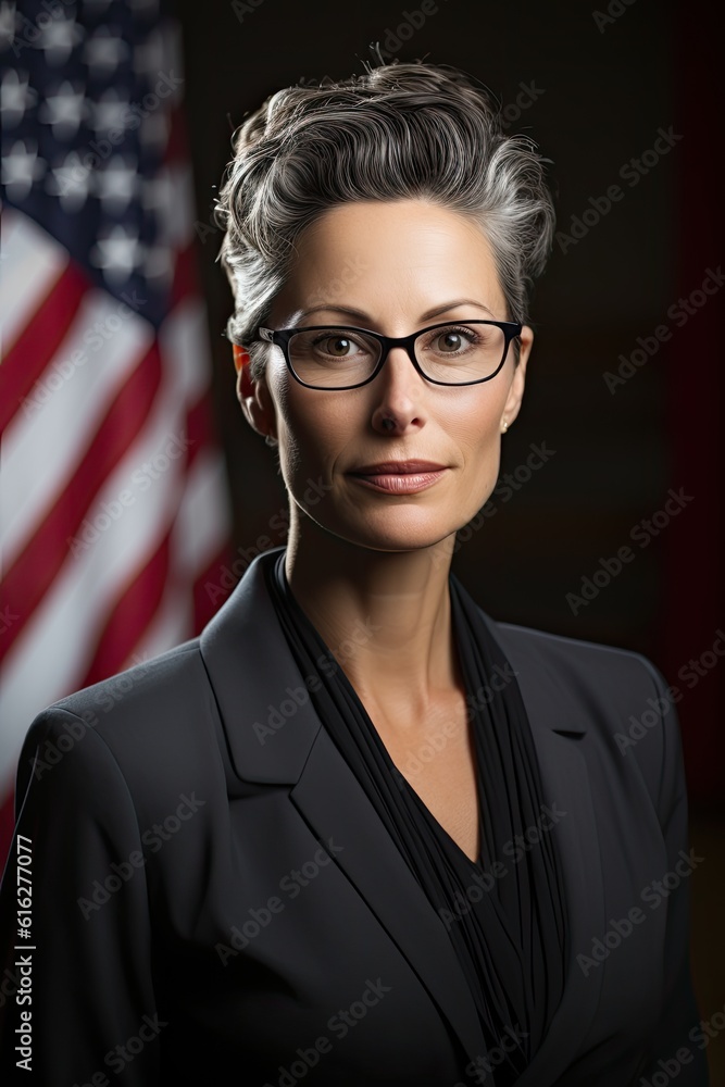 Portrait of an American female politician with a US flag in the ...