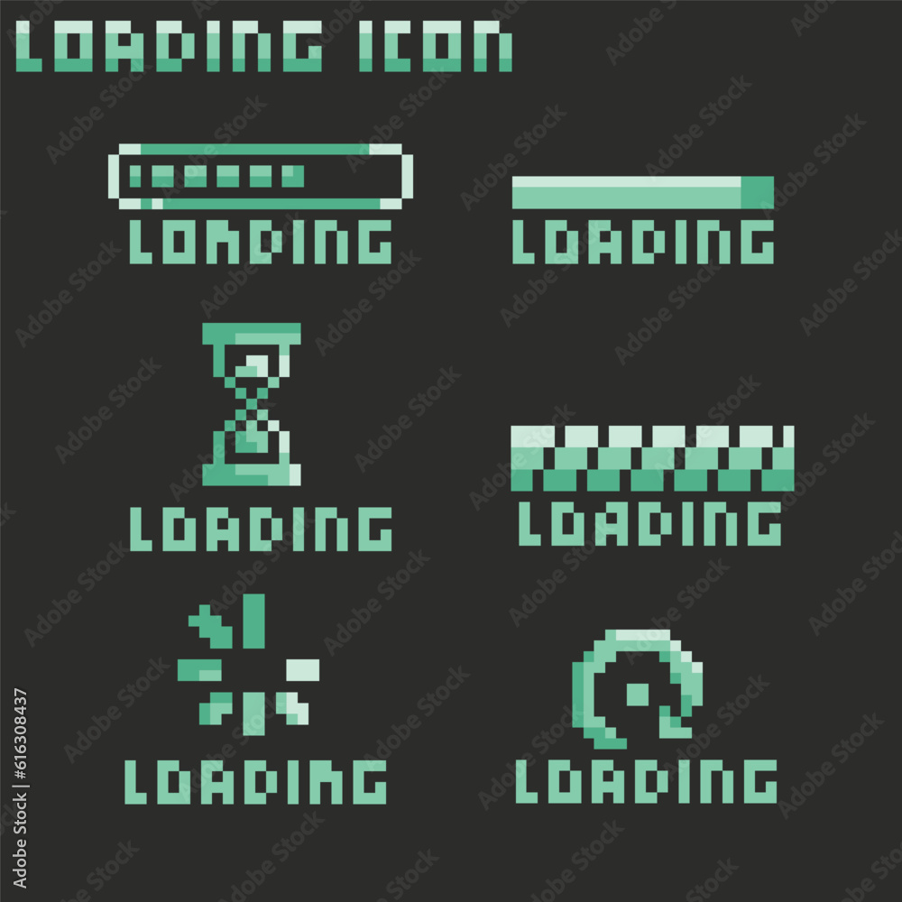 this is Loading icon in pixel art with Green color and black background ...