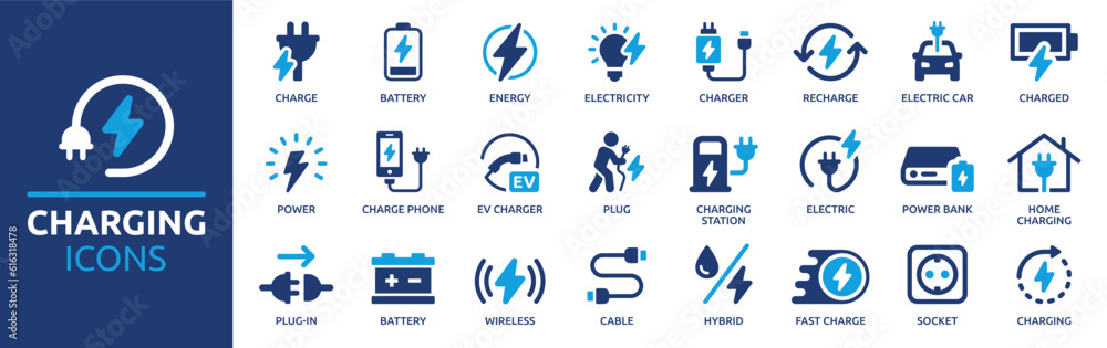 Charging icon set. Containing charge, battery, energy, electricity ...