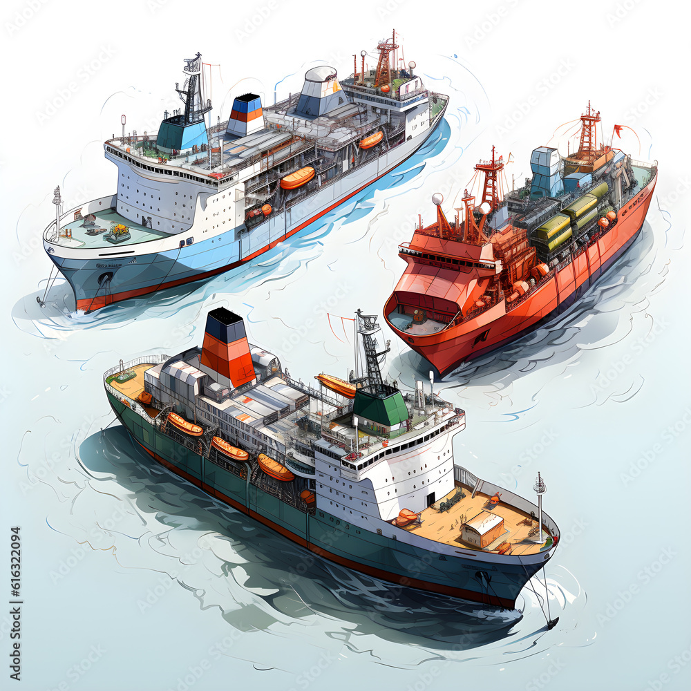 stylized 2D isometric depiction of cargo ships, with bold outlines and ...