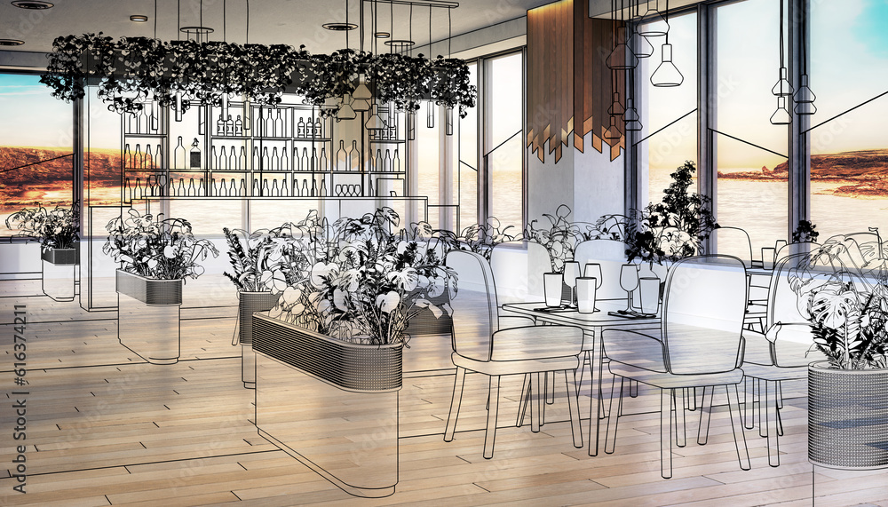 Sketch of a Modern Outlook Restaurant With Appealing Interior Design ...