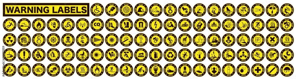 Round yellow signs with the meaning stop. Collection of warning and ...