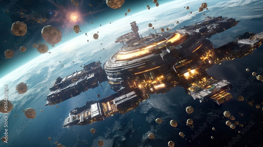A massive spaceship on the galaxy. Cinematic movie. Cinematic Still ...