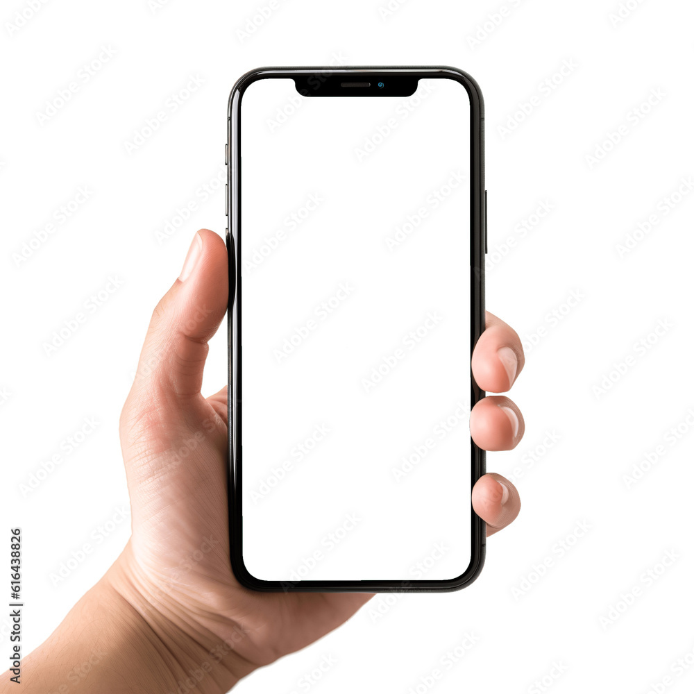 Hand holding a smartphone. Transparent mobile screen mockup. No ...