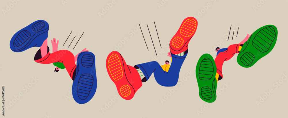 Person falling down from above. Bottom view, giant shoes. Flat style ...