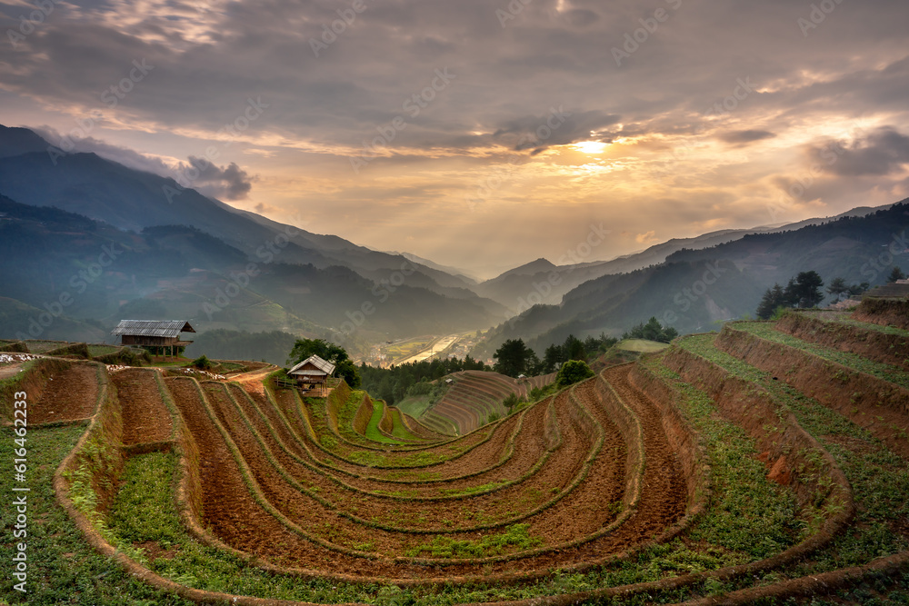 Sunset scenery of the terraces in the watering season in Mu Cang Chai ...