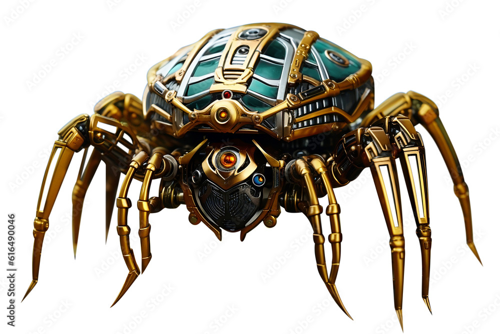 The illustration depicts an iron spider in a steampunk style. The ...