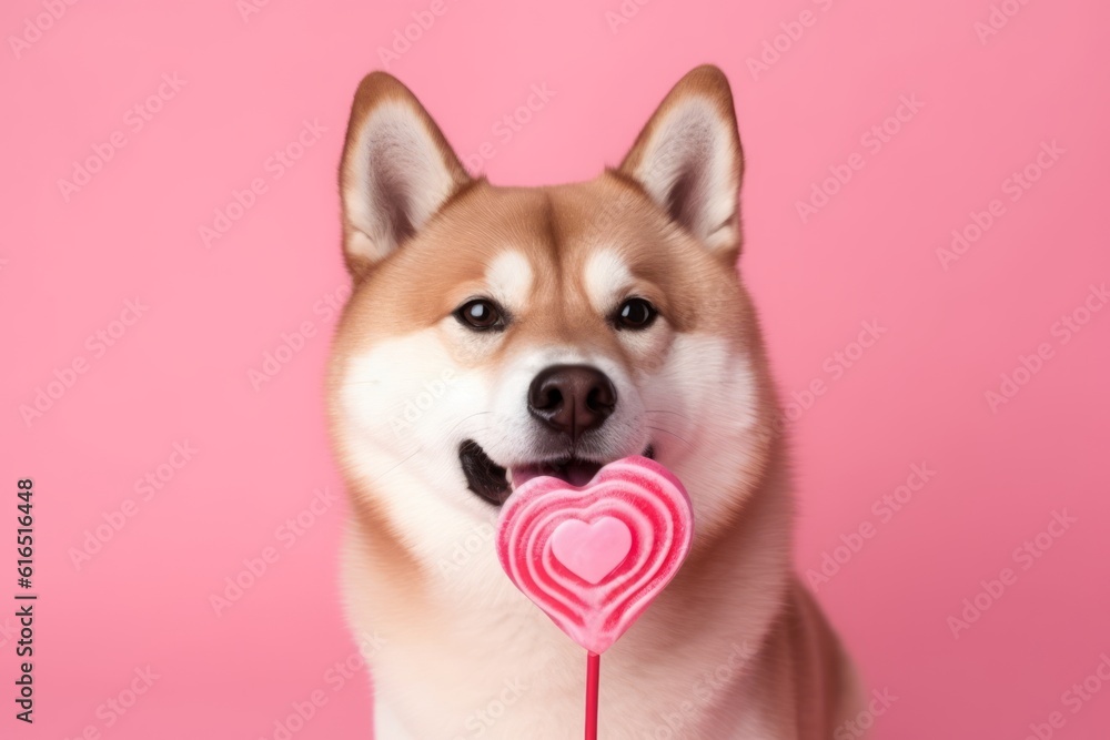 Generative AI Charming red Shiba Inu on a pink background licks a heart ...