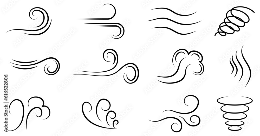 Wind outline icon set. Blowing wind outline icons. Vector illustration ...