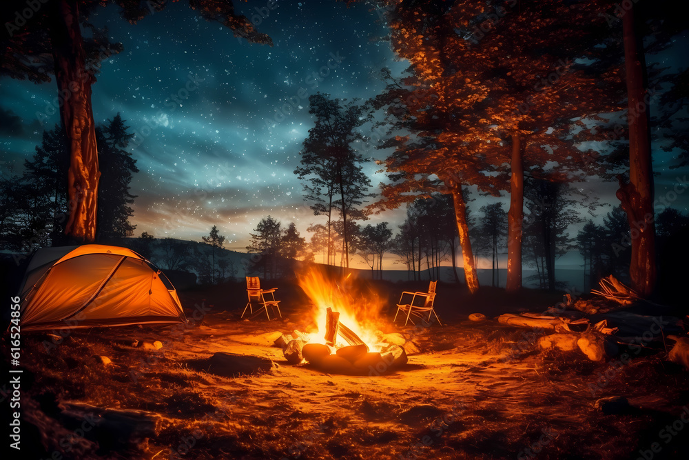 Campfire flickering in the night, casting dancing shadows on the ...