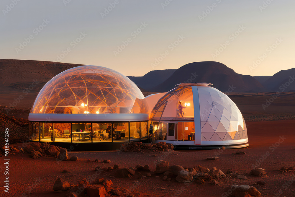 A hyperrealistic capture of a domed Mars habitat, with astronauts ...