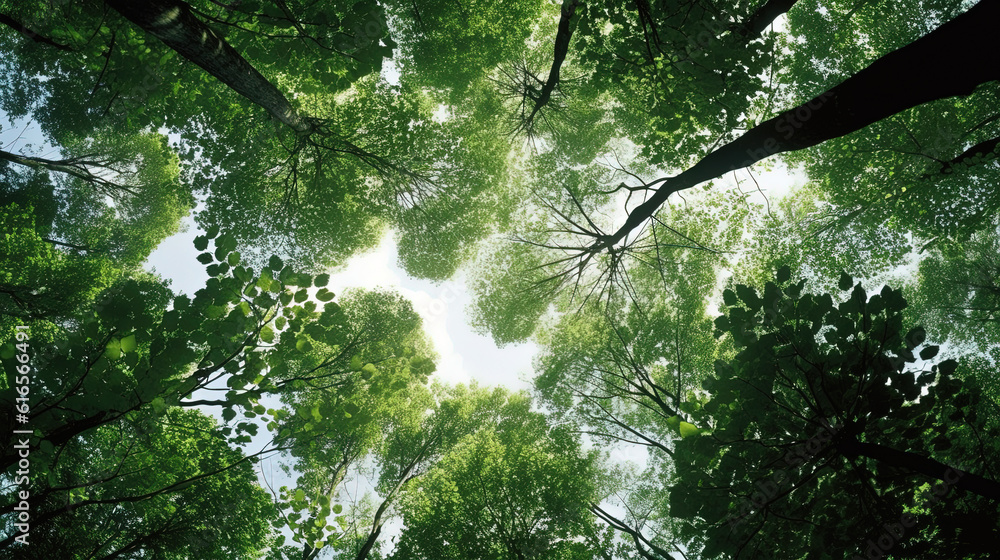 Trees in forest from below, green tops of trees, blue sky background ...