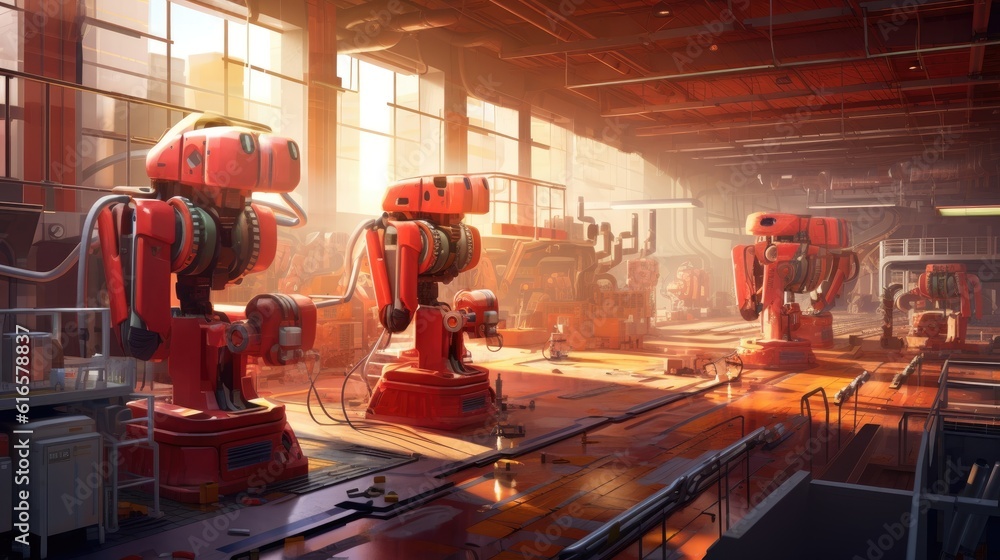Robot factory with conveyor belts and assembly lines background ...