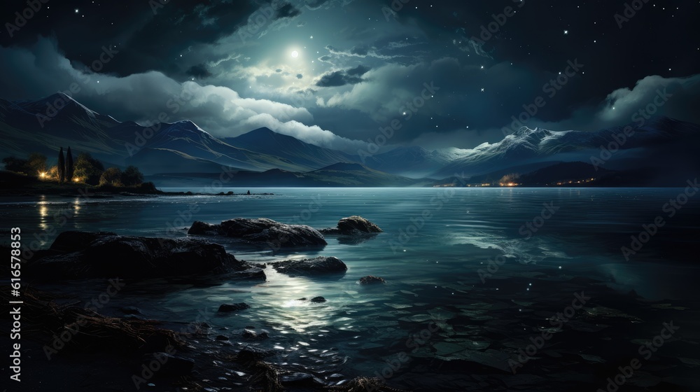 Serene moonlit ocean reflecting the starry sky background. Created with ...