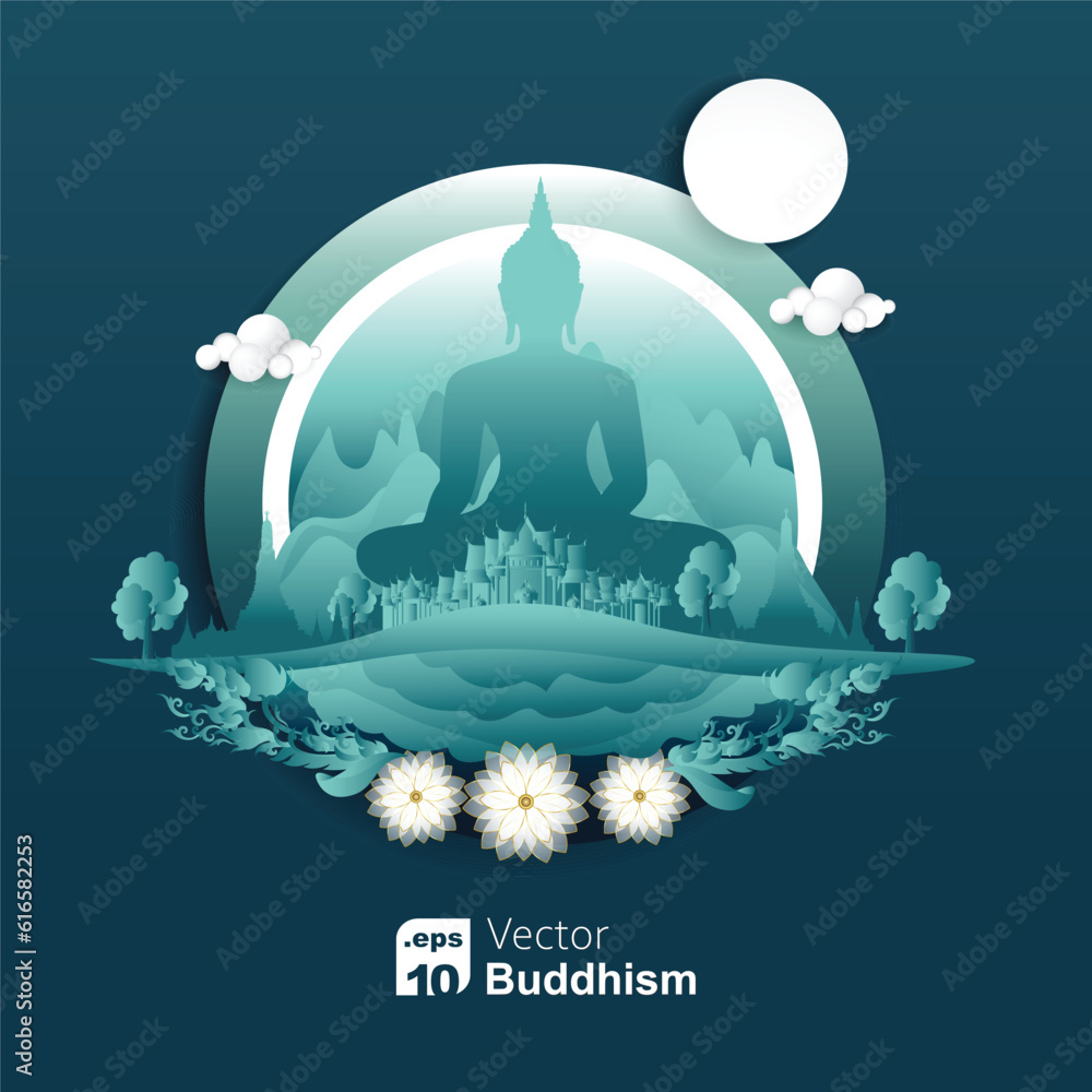 Buddha statue sitting on green paper art vector background, behind ...