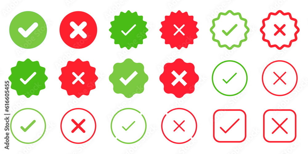 Set of Check Mark Icons. Tick and Cross Vector Signs. Yes and No labels ...
