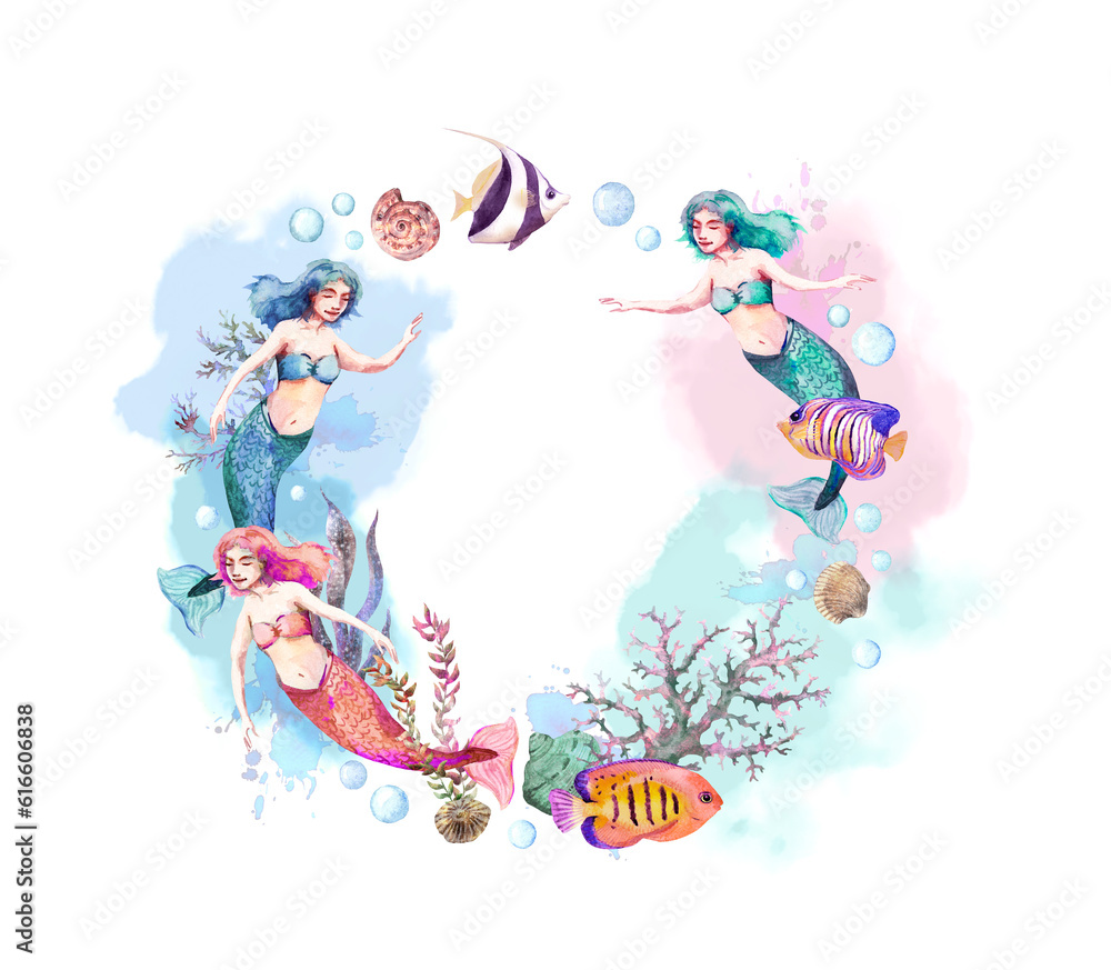 Mermaids in sea wreath circle frame. Sea shells, seaweeds and fishes ...