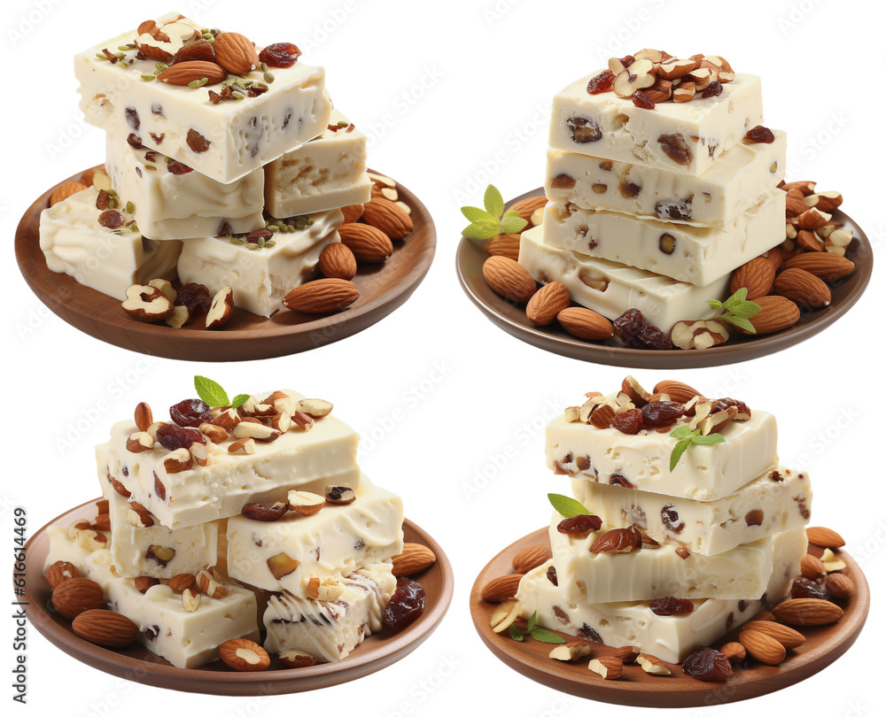 nougat made from sugar, honey and different types of roasted nuts on a ...