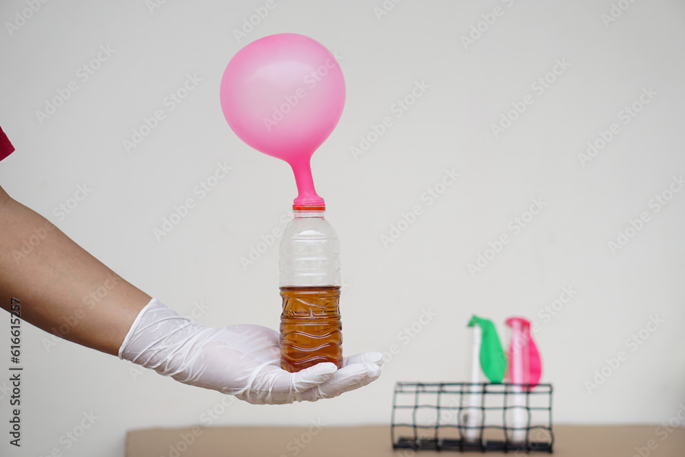 Hand holds pink inflated balloons on top of transparent test bottles ...