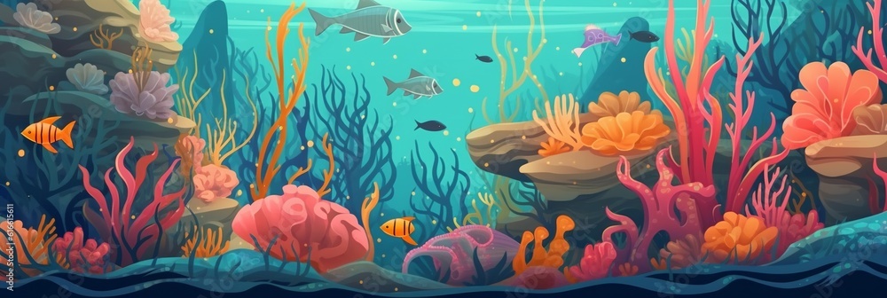 Underwater cartoon flat background with fish silhouette, seaweed, coral ...