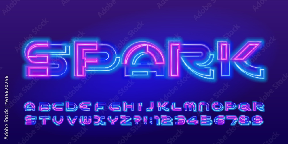 Spark alphabet font. Neon futuristic letters and numbers. Stock vector ...