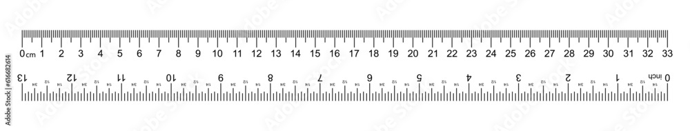 A white ruler marked with centimeters, inches and combined rectangular ...
