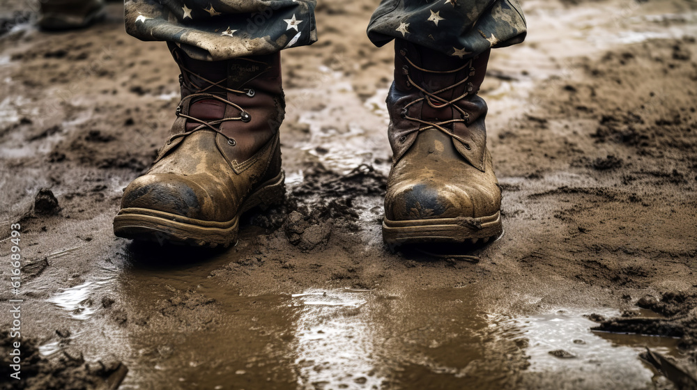 Captivating image of rugged military boots in the mud of a battlefield, evoking intense emotions ...