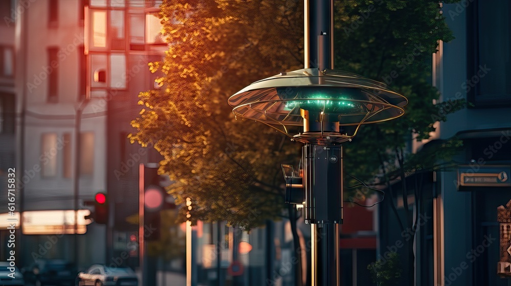 A street lamp post with a public lighting fixture and an attached 5G ...