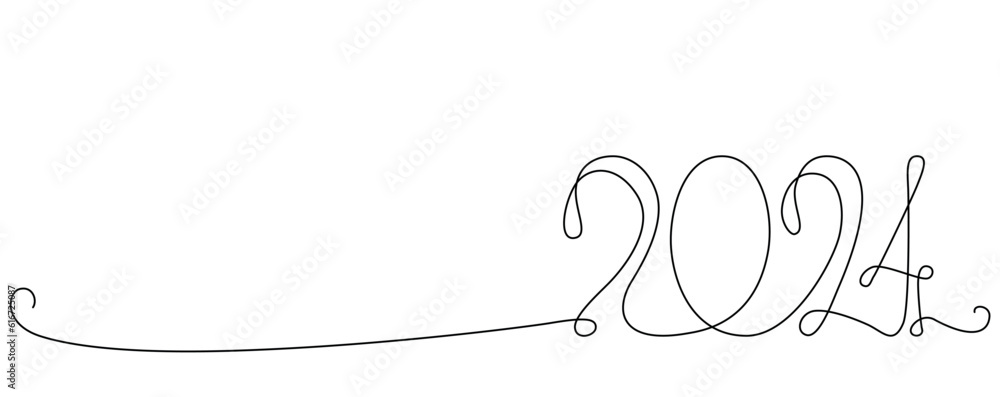 Banner with decoration continuous line hand drawing sign for 2024 year ...
