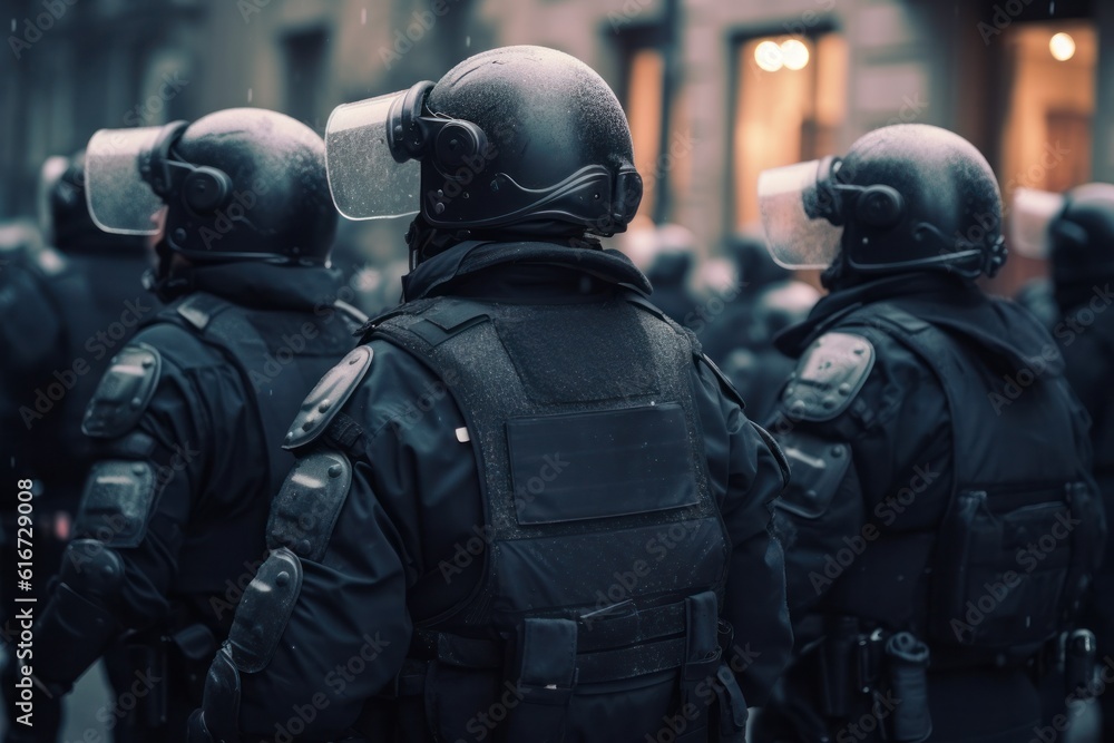 police in full gear on the street. police in hardhats, hard hats and ...