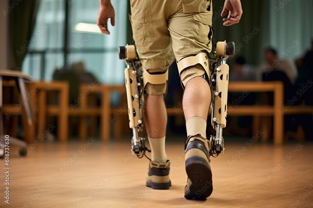 Legs of man in the robotic exoskeleton walking through the corridor of ...