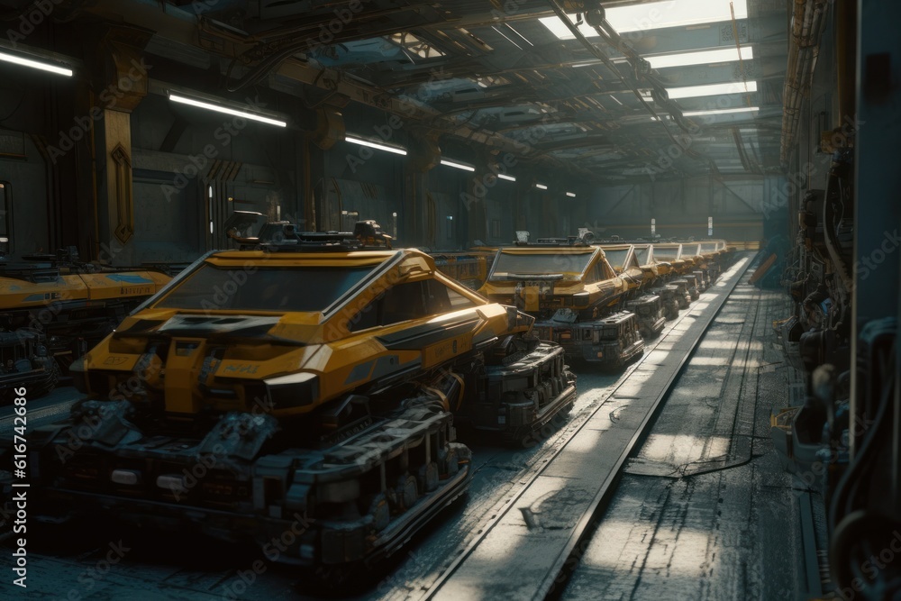 Robotic conveyor line for car assembly. Modern workshop with automated equipment. Mechanical ...