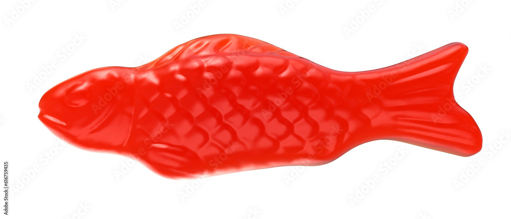 Isolated red fish shaped gummy jelly candy. Isolated on background. 3d ...