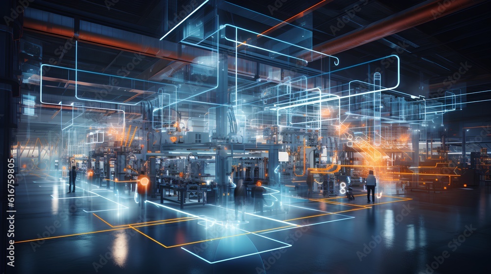 A futuristic image illustrating the concept of a smart factory ...