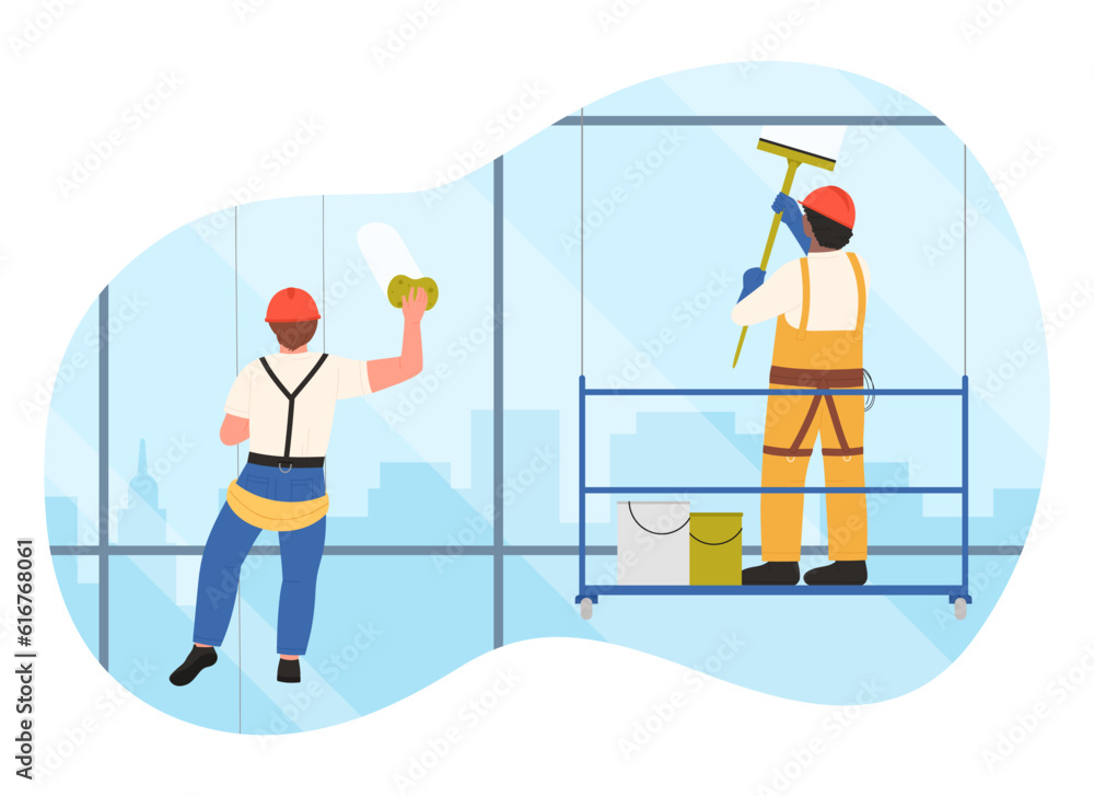 Industrial climbers wash glass windows of office building at height ...