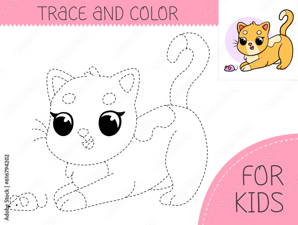 Trace and color coloring book with cute cat for kids. Coloring page ...