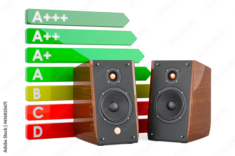 Musical Speakers with energy efficiency chart. 3D rendering Stock Illustration | Adobe Stock