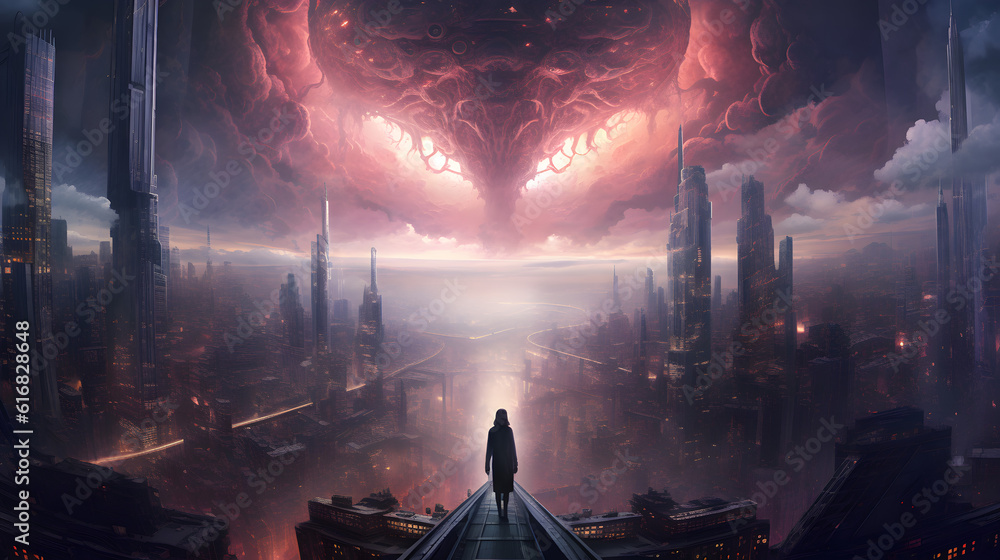 otherworldly creature exploring a multiverse cityscape, towering ...