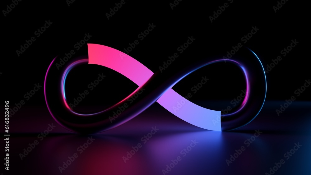 3d render, abstract minimalist neon background, endless loop shape, infinity symbol glowing in ...