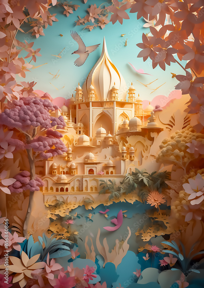 Ilustração Paper cutting art style illustration of Hindu temple concept ...