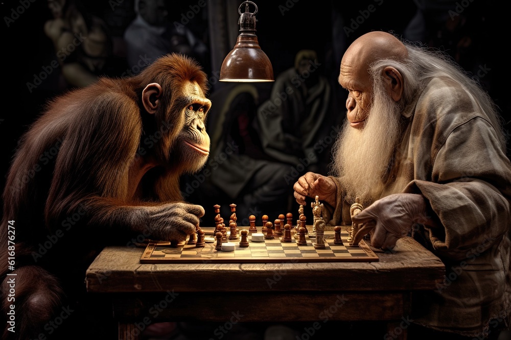 An old monkey playing chess with a young monkey. Generative AI. Stock ...